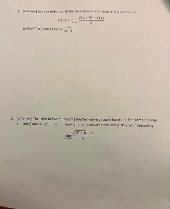 Solved 1. [4 Points] Use the Definition of the Derivative of | Chegg.com