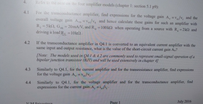 Solved Refer to the note on the four amplifier models | Chegg.com