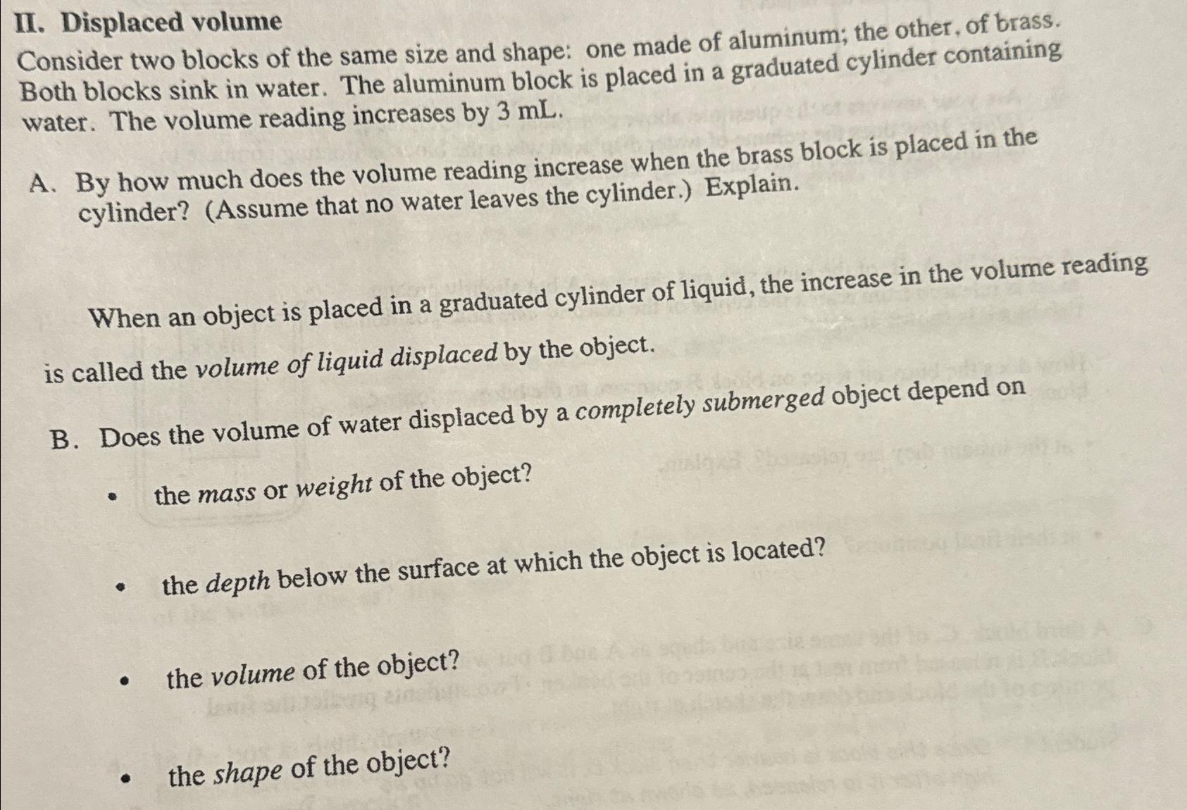 Solved II. ﻿Displaced volumeConsider two blocks of the same | Chegg.com