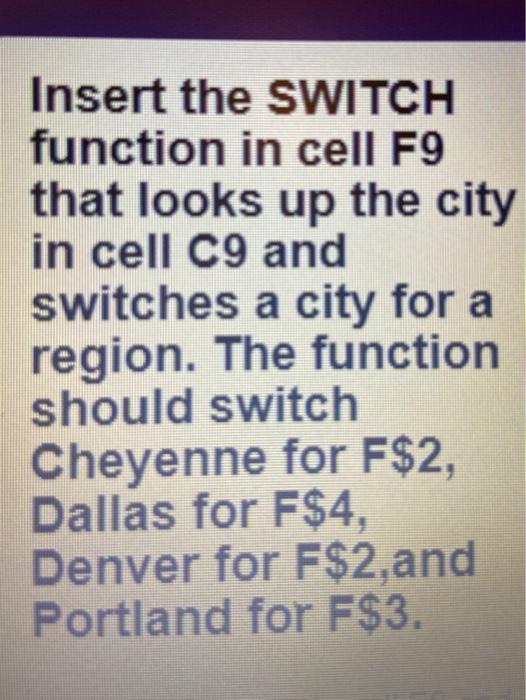 Solved Insert the SWITCH function in cell F9 that looks up | Chegg.com