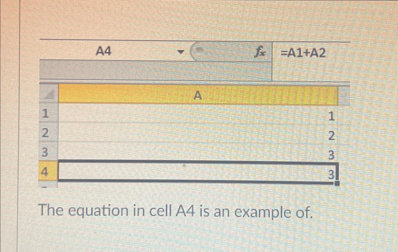 Solved The equation in cell A4 ﻿is an example of. | Chegg.com