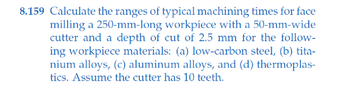 Solved 8.159 ﻿Calculate the ranges of typical machining | Chegg.com