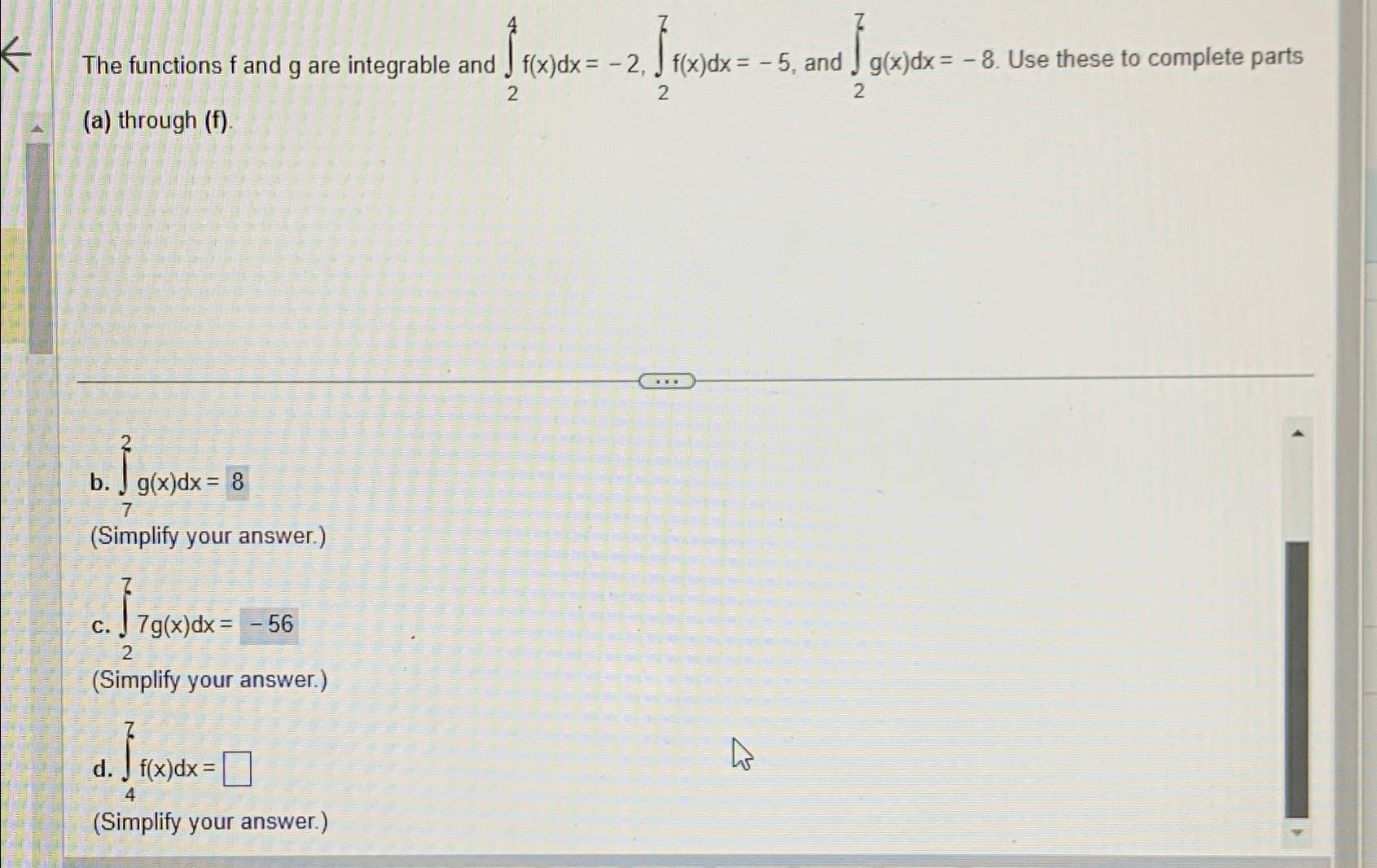 Solved The functions f ﻿and g ﻿are integrable and | Chegg.com