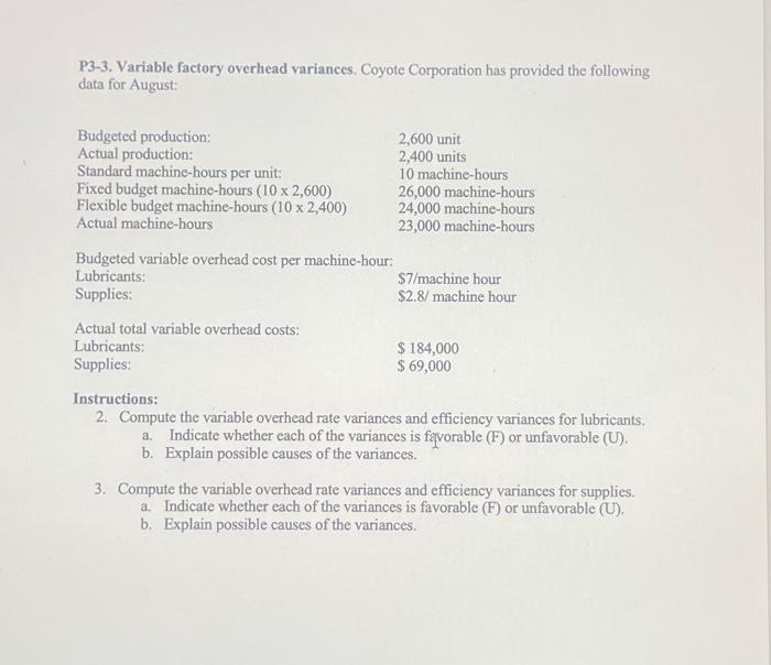 Solved P3-3. Variable factory overhead variances. Coyote | Chegg.com