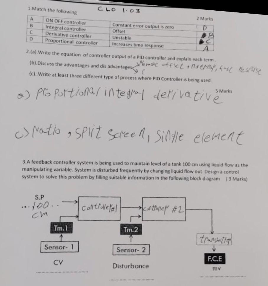 Solved 1. Match the following CLO 1.03 2 Marks A B С D ON | Chegg.com