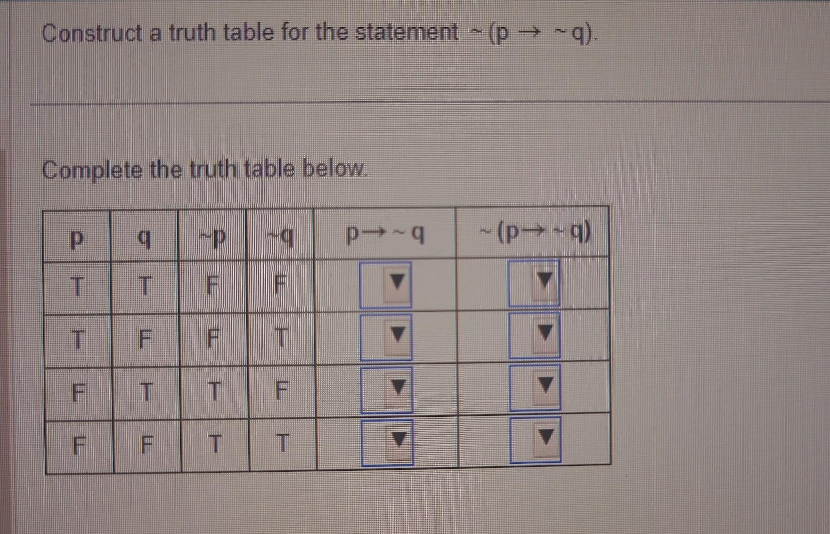 Solved Construct a truth table for the statement ∼(p→∼q). | Chegg.com