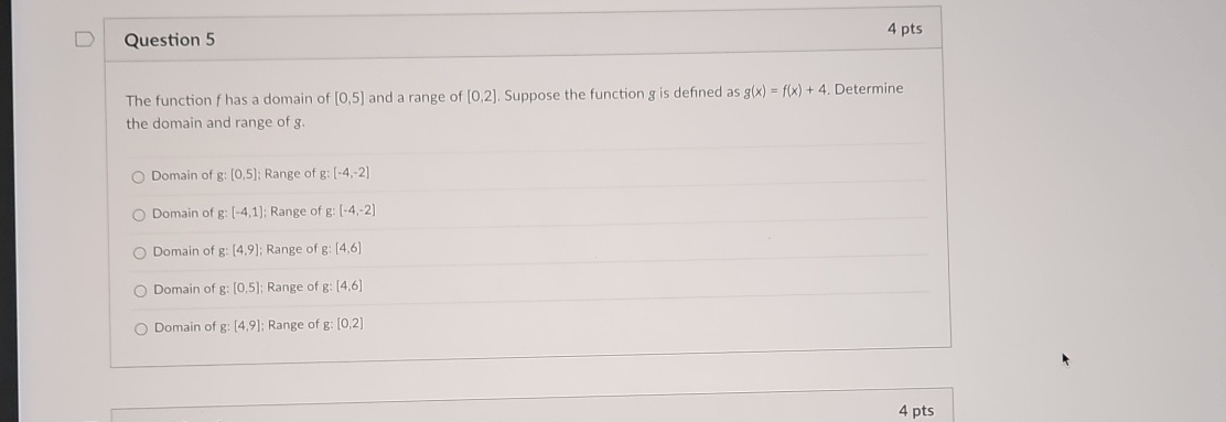 Solved Question 54 ptsThe function f has a domain of 0,5 | Chegg.com Solved Question 54 ptsThe function f has a domain of 0,5 | Chegg.com