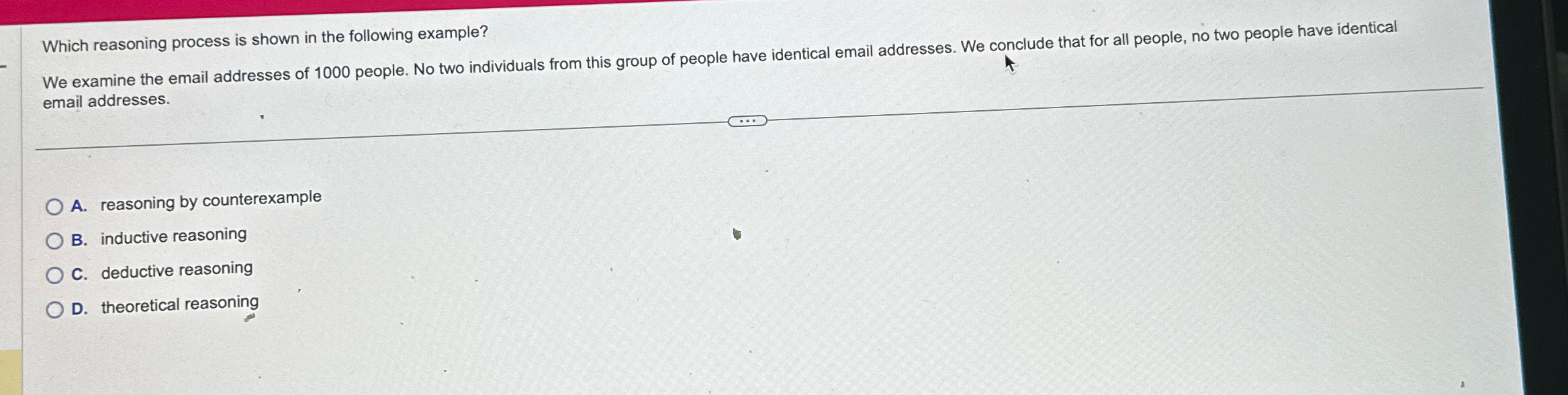 Solved Which reasoning process is shown in the following | Chegg.com