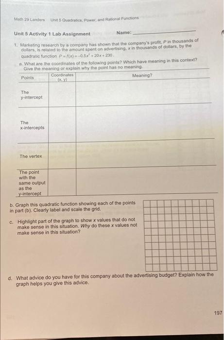 Solved Math 29 Landers Unit 5 Quadratics, Power, and | Chegg.com