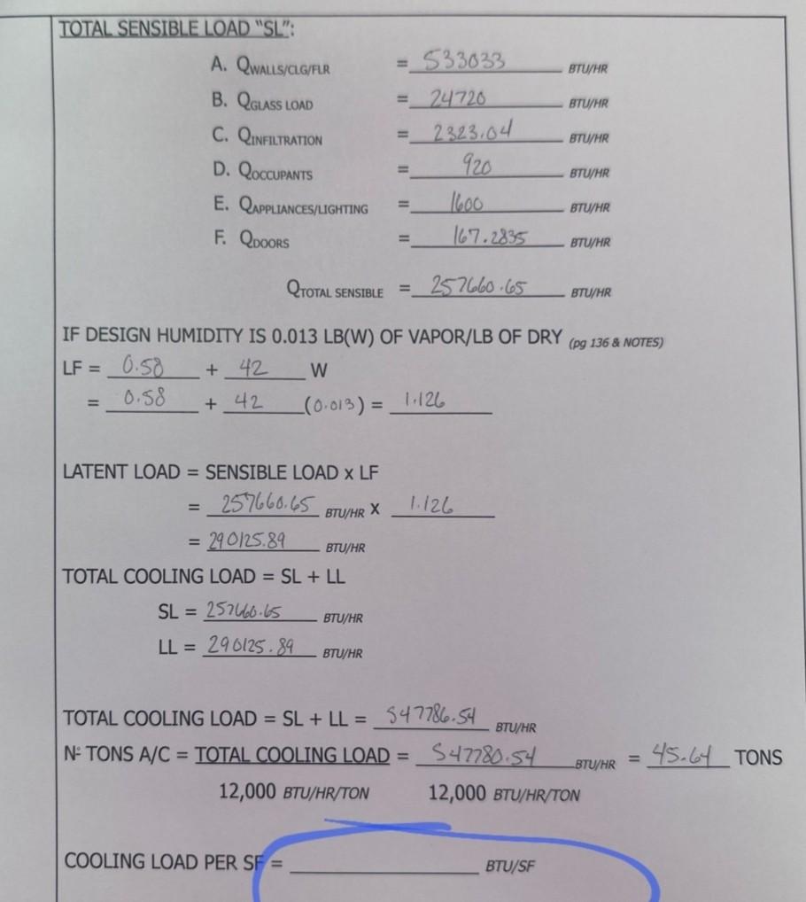 Solved TOTAL SENSIBLE LOAD "SL": IF DESIGN HUMIDITY IS 0.013 | Chegg.com