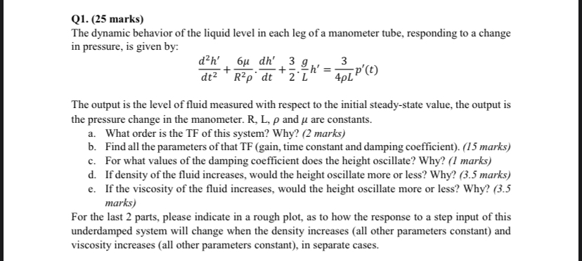 Solved Q1. (25 ﻿marks)The dynamic behavior of the liquid | Chegg.com