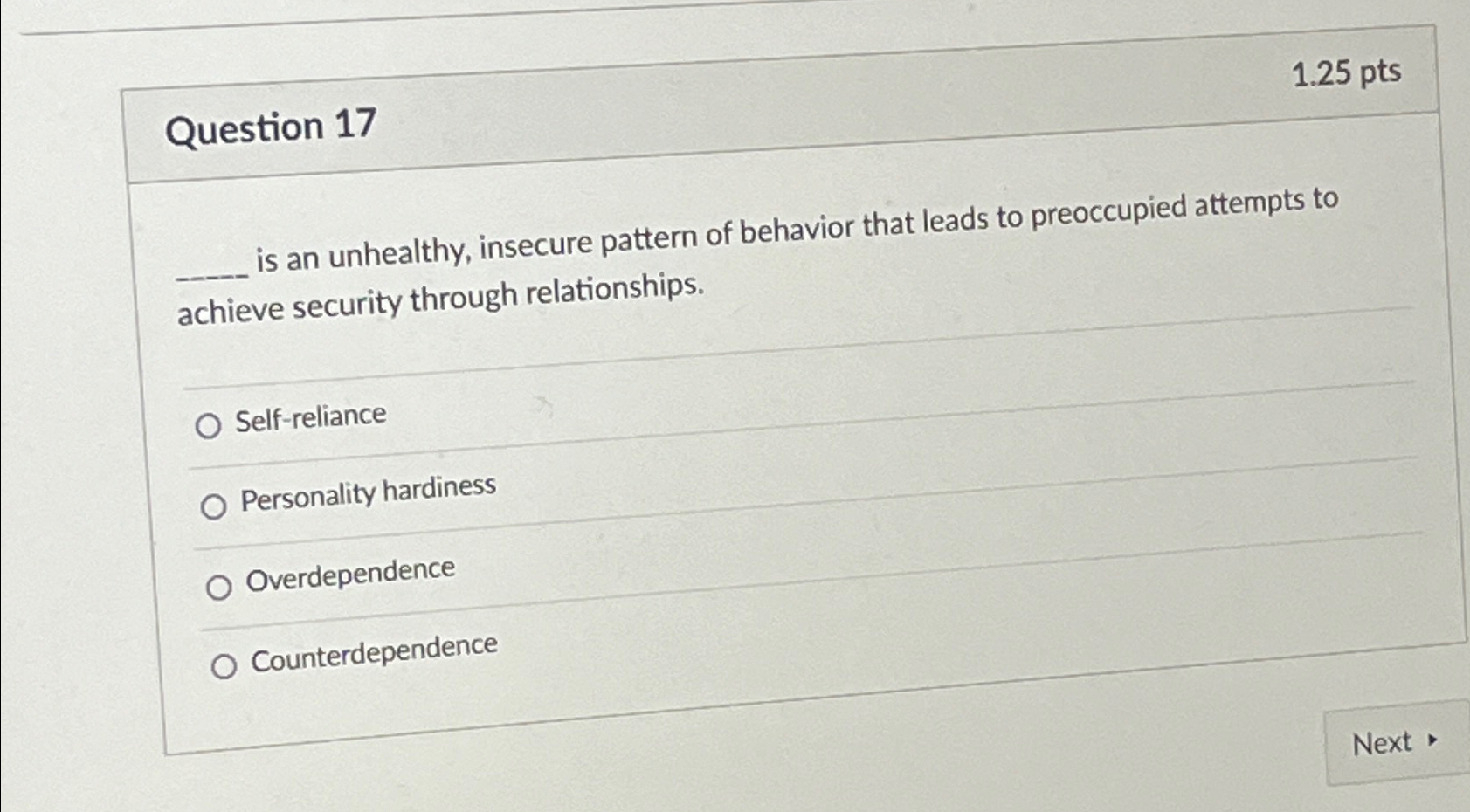 Solved 1.25ptsQuestion 17is an unhealthy, insecure pattern | Chegg.com