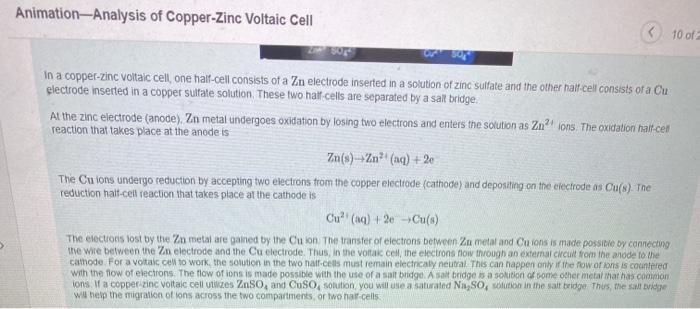 Solved Animation Analysis of Copper-Zinc Voltaic Cell 10 of | Chegg.com