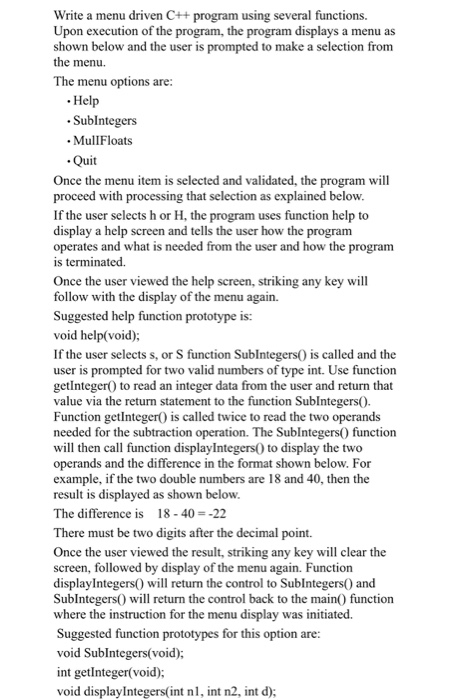 Solved Write a menu driven C++ program using several | Chegg.com