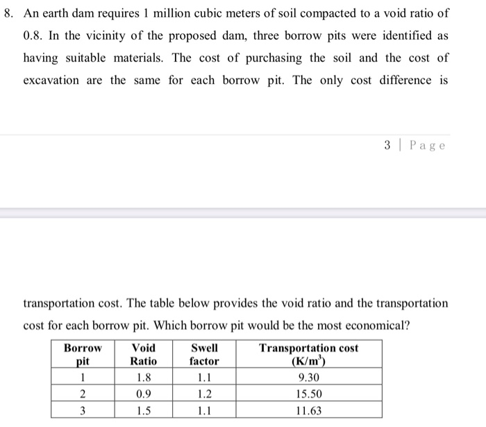 Solved 8. An earth dam requires 1 million cubic meters of | Chegg.com