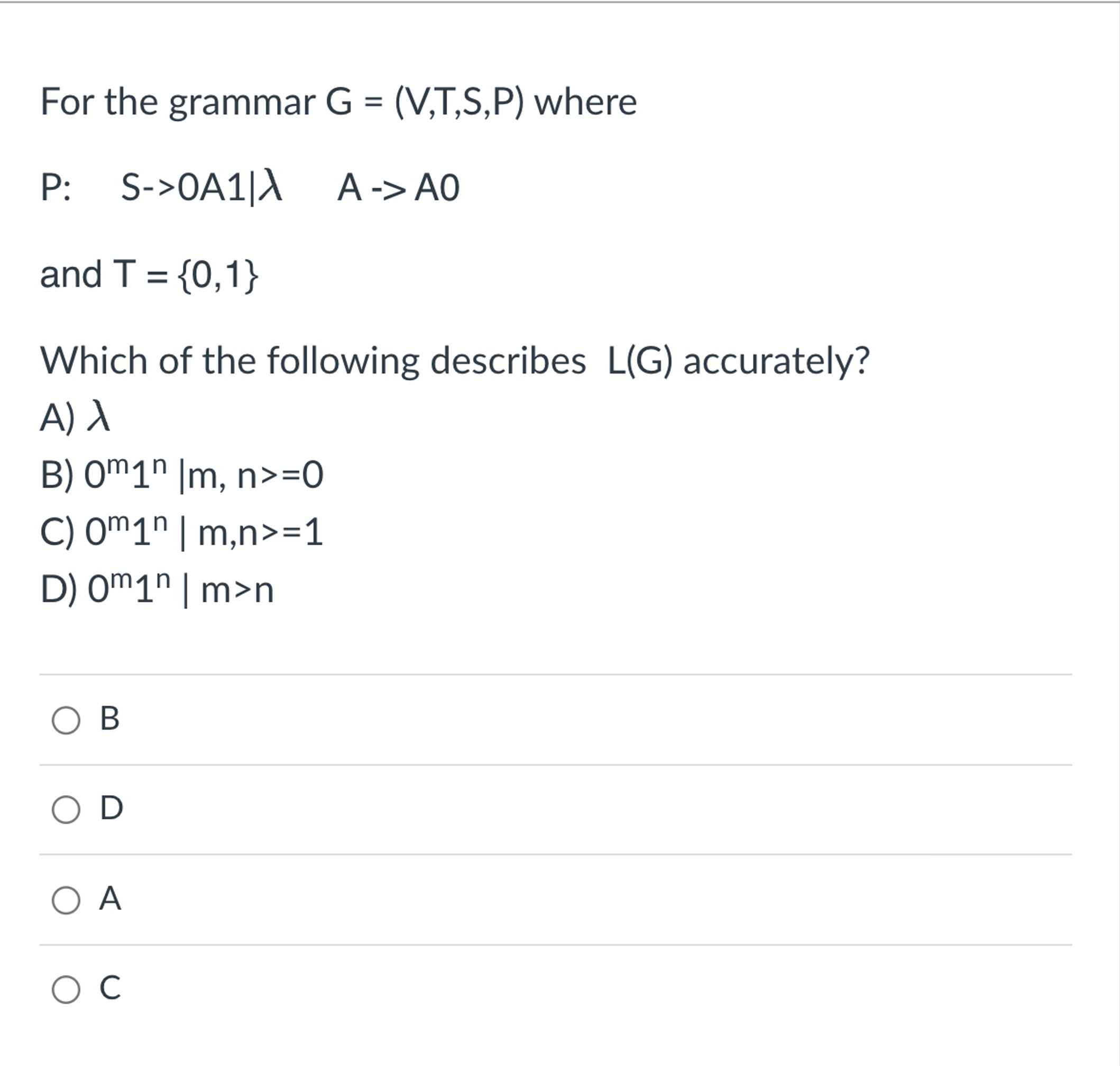 Solved For the grammar G=(V,T,S,P) ﻿whereP:,S→0A1|λ,A→A0and | Chegg.com