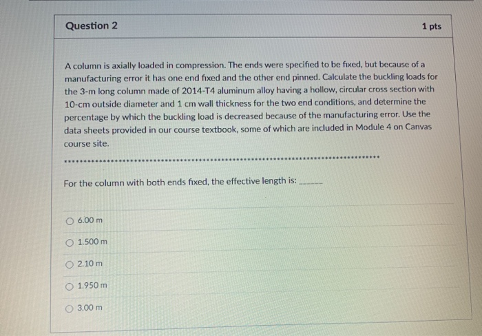 Solved Question 2 1 pts A column is axially loaded in | Chegg.com