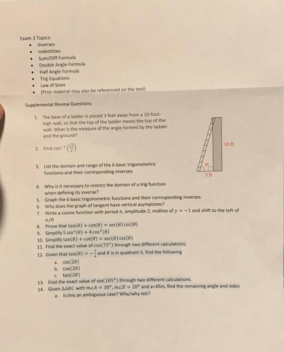 Solved . Exam 3 Topics: • Inverses . Indentities • Sum/Diff | Chegg.com