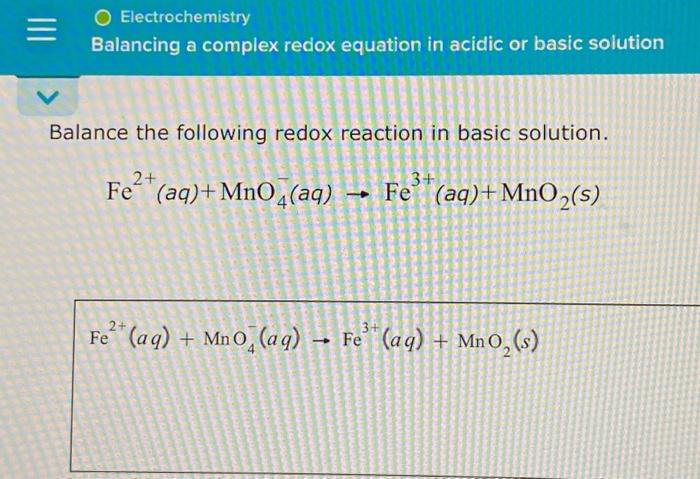 Solved Electrochemistry Balancing a complex redox equation | Chegg.com