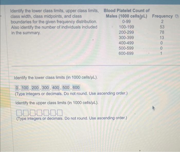 Solved Identify the lower class limits (in 1000 cells/ /L ). | Chegg.com