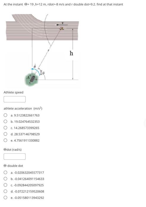 Solved At the instant 6= 19.h=12 m, rdot=-8 m/s and r double | Chegg.com