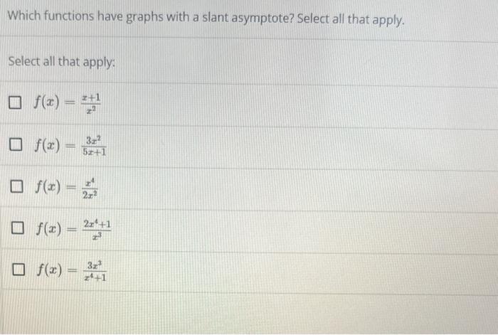 Solved Which functions have graphs with a slant asymptote? | Chegg.com