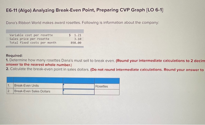 Solved E6-11 (Algo) Analyzing Break-Even Point, Preparing | Chegg.com