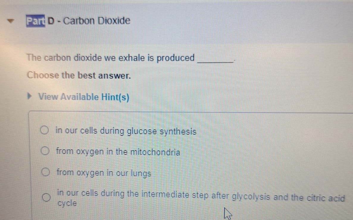 Solved Part D - ﻿Carbon DioxideThe carbon dioxide we exhale | Chegg.com