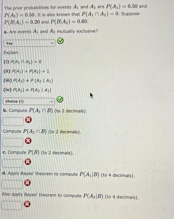 Solved The prior probabilities for events A1 and A2 are | Chegg.com
