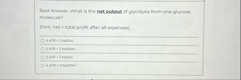 Solved Best Answer. What is the net output of glycolysis | Chegg.com