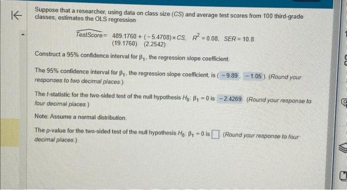 Solved Suppose that a researcher, using data on class size | Chegg.com