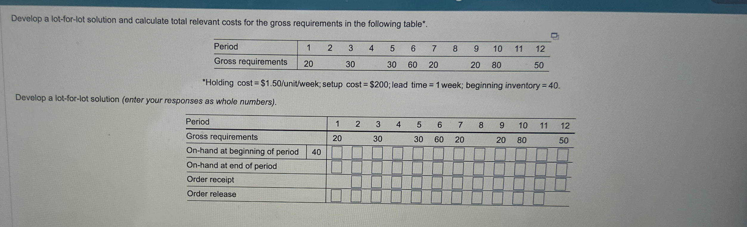 Solved Develop a lot-for-lot solution and calculate total | Chegg.com