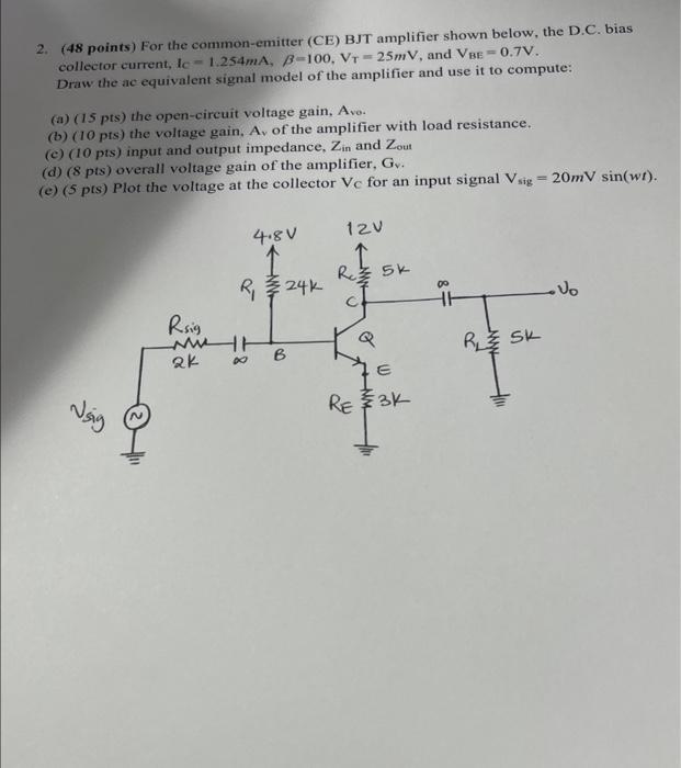 Solved 2. (48 points) For the common-emitter (CE) BJT | Chegg.com