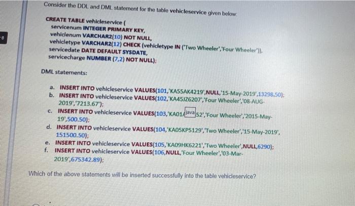 Solved Consider the DDL and DML statement for the table | Chegg.com