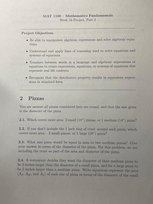 Solved MAT 1100 - Mathematics Fundamentals Week 10 Project, | Chegg.com