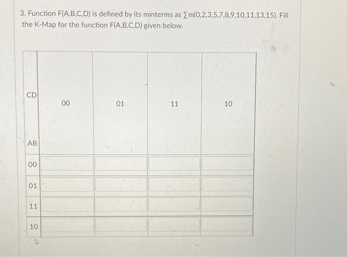 Solved 3. Function F(A,B,C,D) is defined by its minterms as | Chegg.com