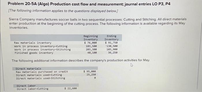 Solved Problem 20-5A (Algo) Production cost flow and | Chegg.com