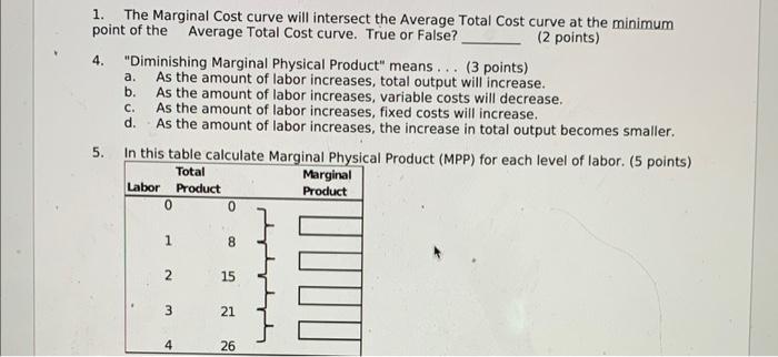 Solved 1. The Marginal Cost curve will intersect the Average | Chegg.com