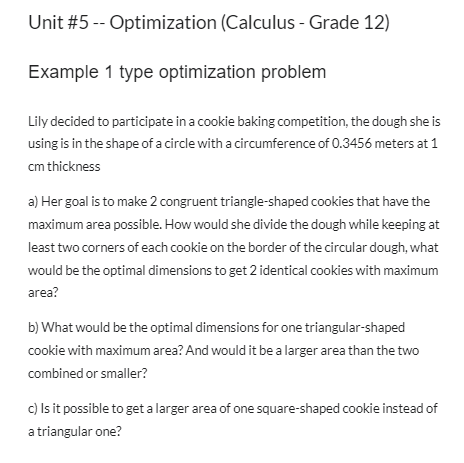 Solved Unit #5 -- ﻿Optimization (Calculus - ﻿Grade | Chegg.com