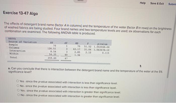 Solved Help Save & Exit Submi Exercise 13-47 Algo The | Chegg.com