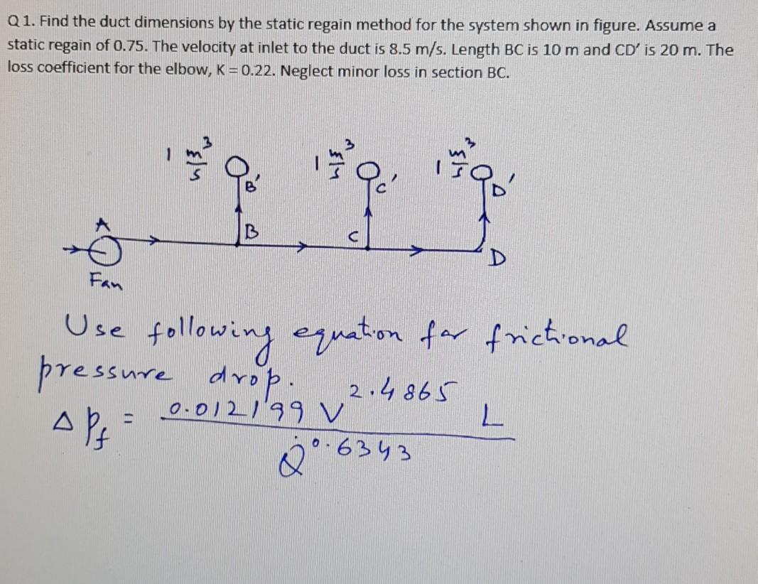 Solved Q1. Find the duct dimensions by the static regain | Chegg.com