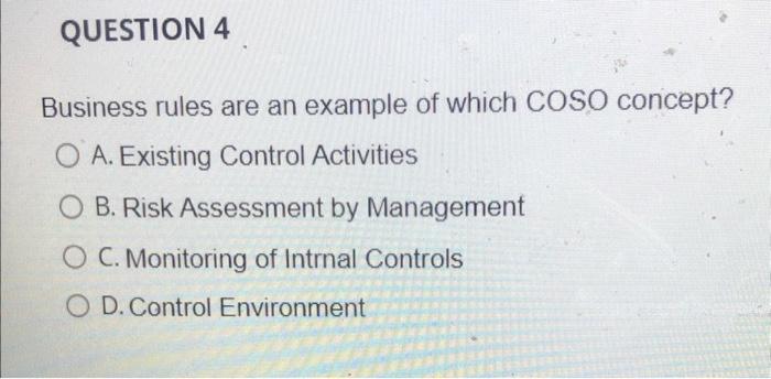 Solved Business rules are an example of which COSO concept? | Chegg.com