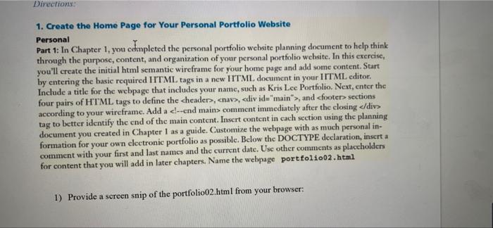 Solved Directions 1. Create the Home Page for Your Personal | Chegg.com
