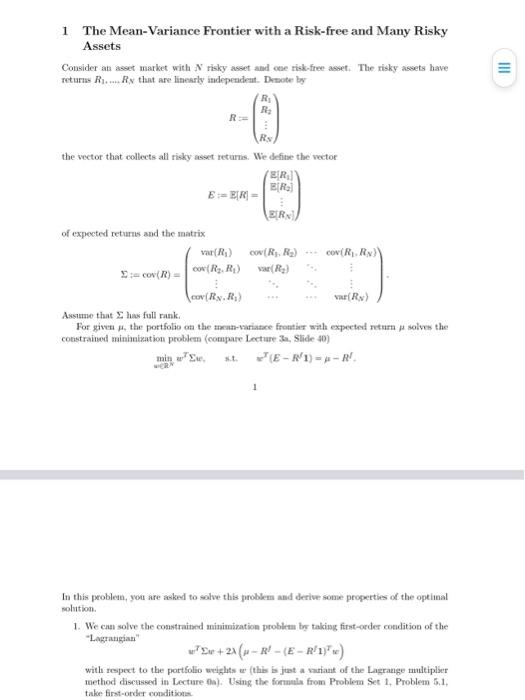 1 The Mean-Variance Frontier with a Risk-free and | Chegg.com