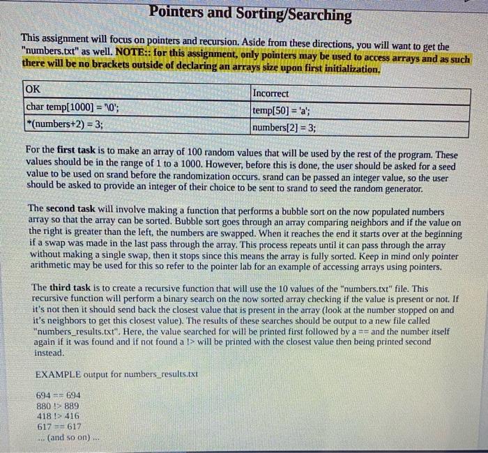 Solved Pointers and Sorting/Searching This assignment will | Chegg.com