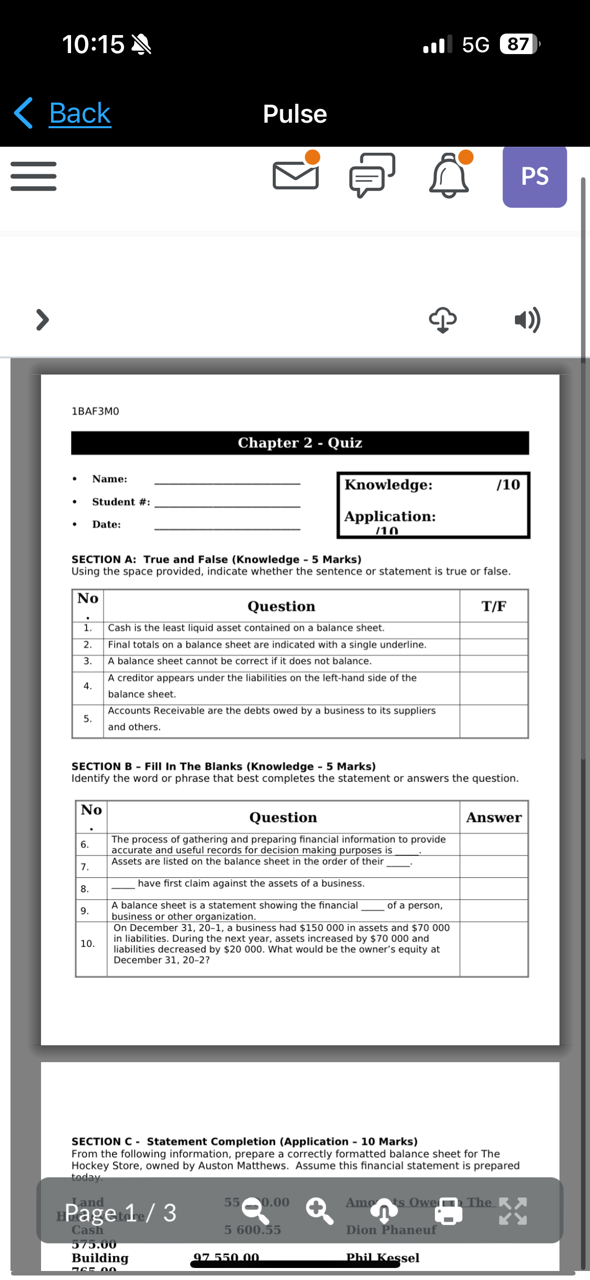 Solved Name:Knowledge:Student #:Date:Application:110SECTION | Chegg.com