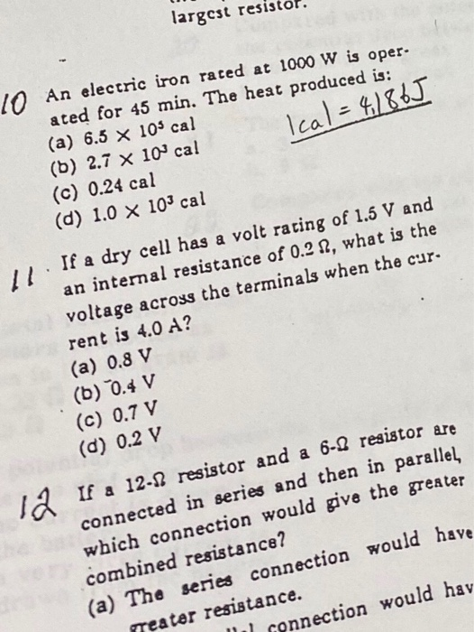Solved largest resistor. Ical = 4,1865 An electric iron | Chegg.com