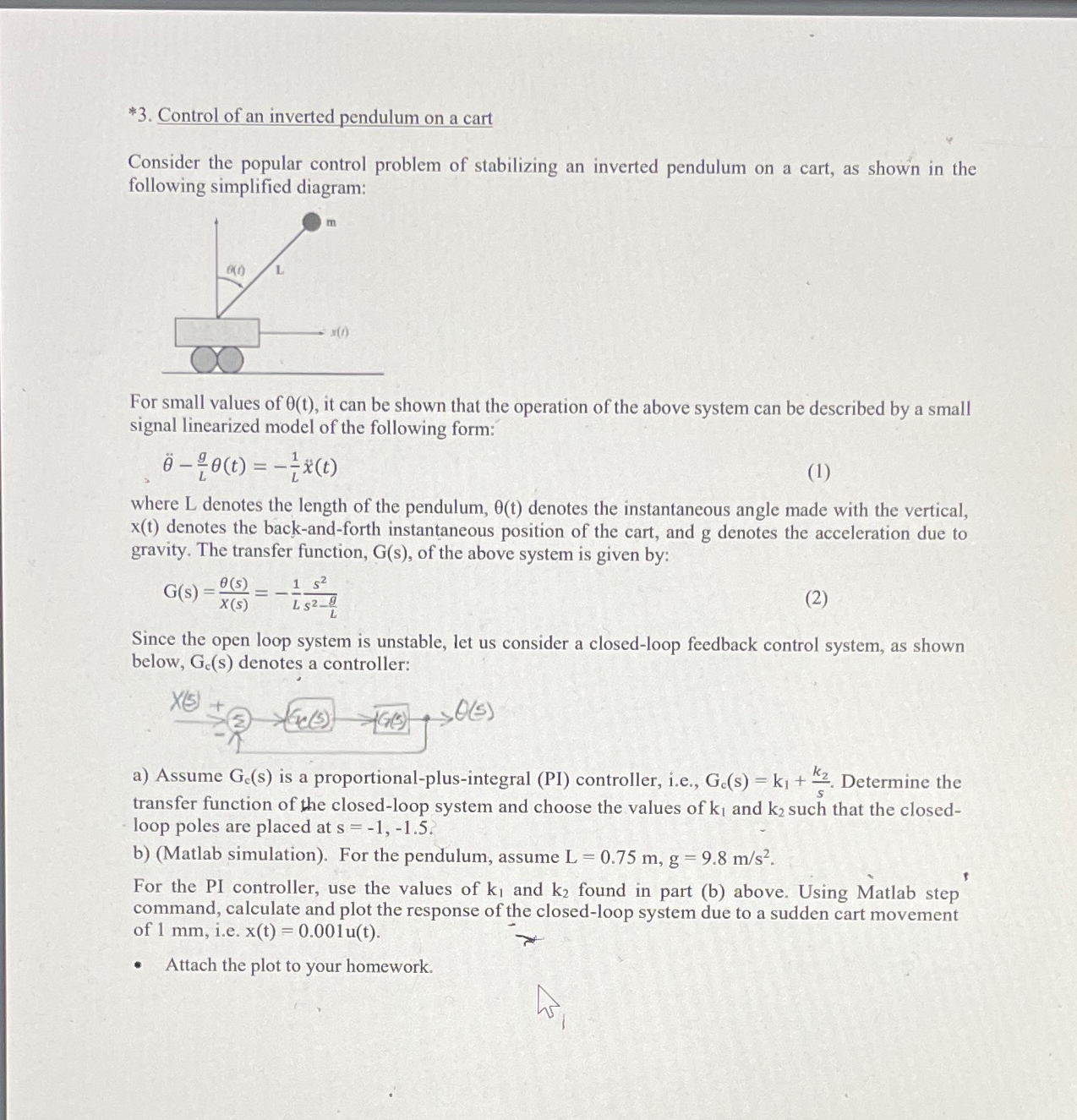 Solved *3. ﻿Control of an inverted pendulum on a | Chegg.com