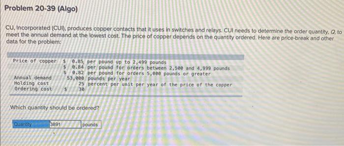 Solved CU, Incorporated (CUI), produces copper contacts that | Chegg.com