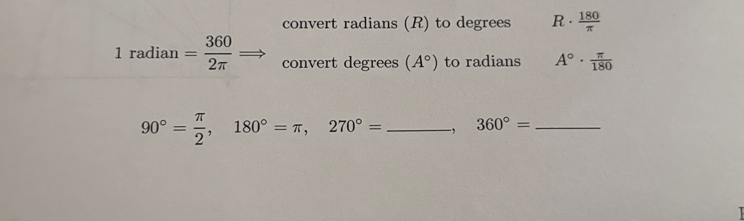 Solved convert radians (R) ﻿to degreesR*180π 1 ﻿radian | Chegg.com
